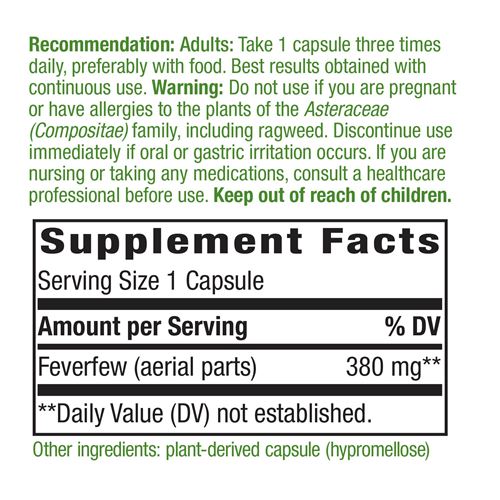 Feverfew Leaves 380mg 100 caps with 0.7% parthenolide | Nature's Way