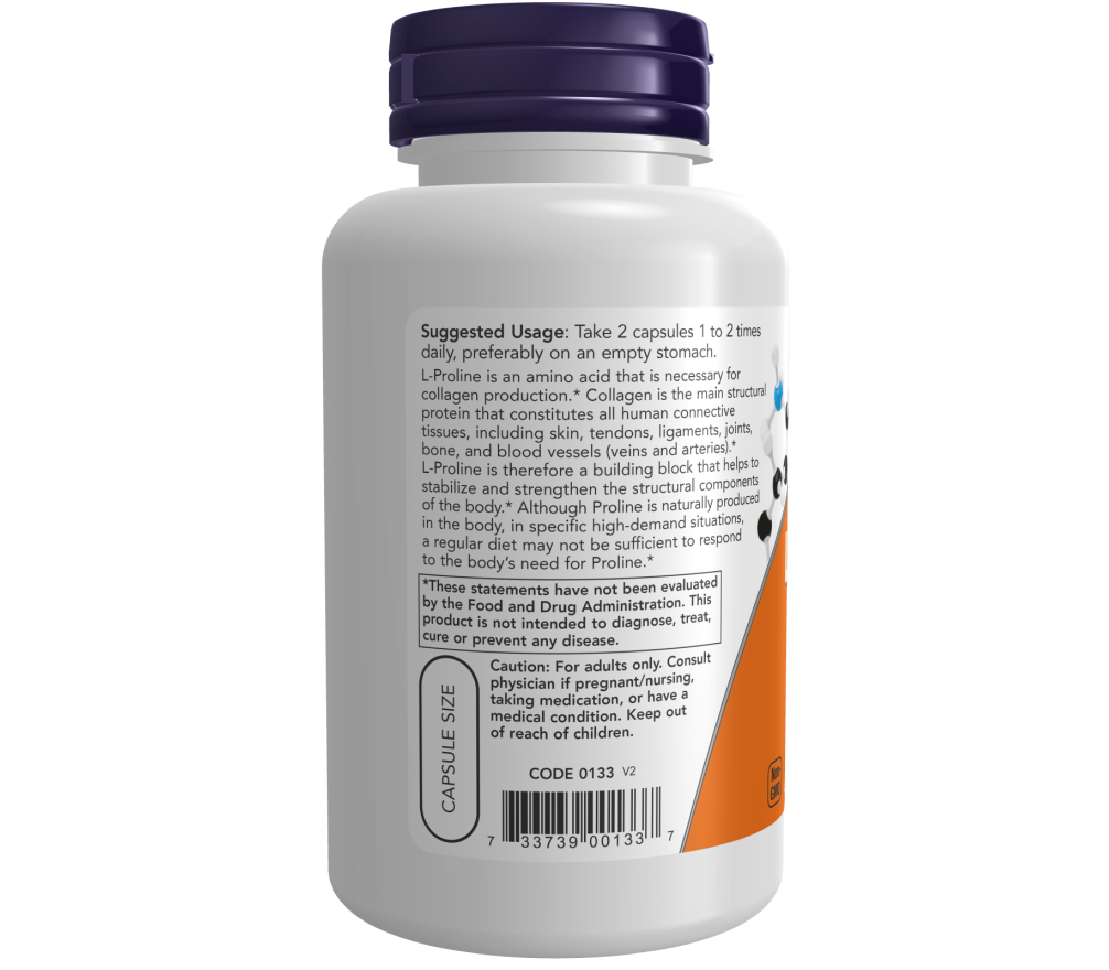 Proline 120 capsules 500mg, building block for collagen | NOW