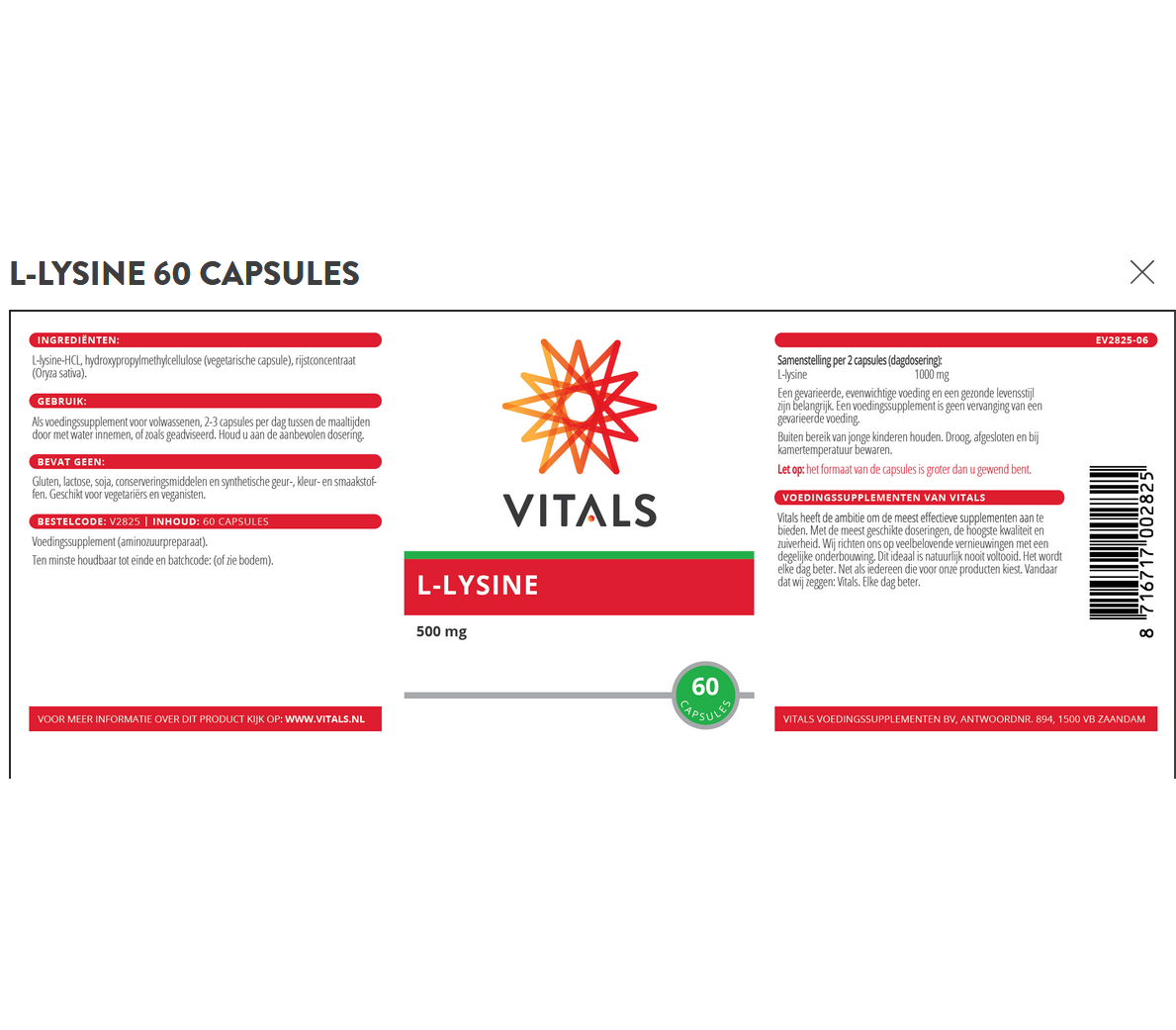 Lysine 500mg 60 capsules for growth, tissue maintenance and repair | Vitals