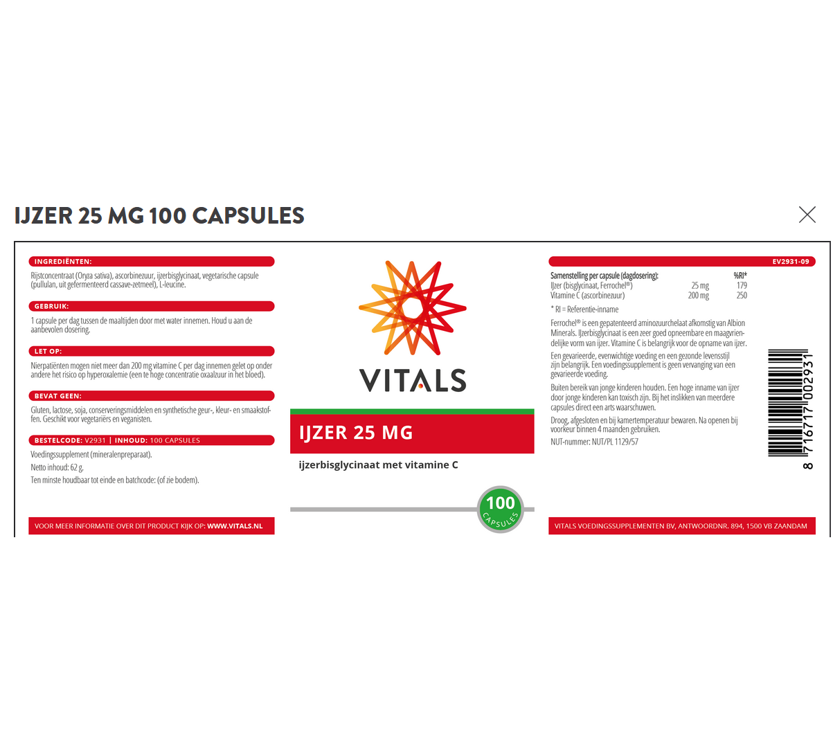 IJzer 25mg 100 capsules - chelated iron bisglycinate with vitamin C ...