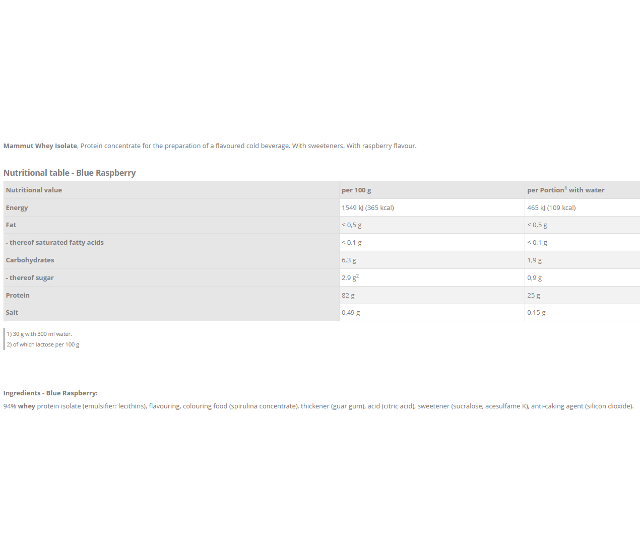 Whey Isolate 460g blue raspberry flavour | Mammut Nutrition