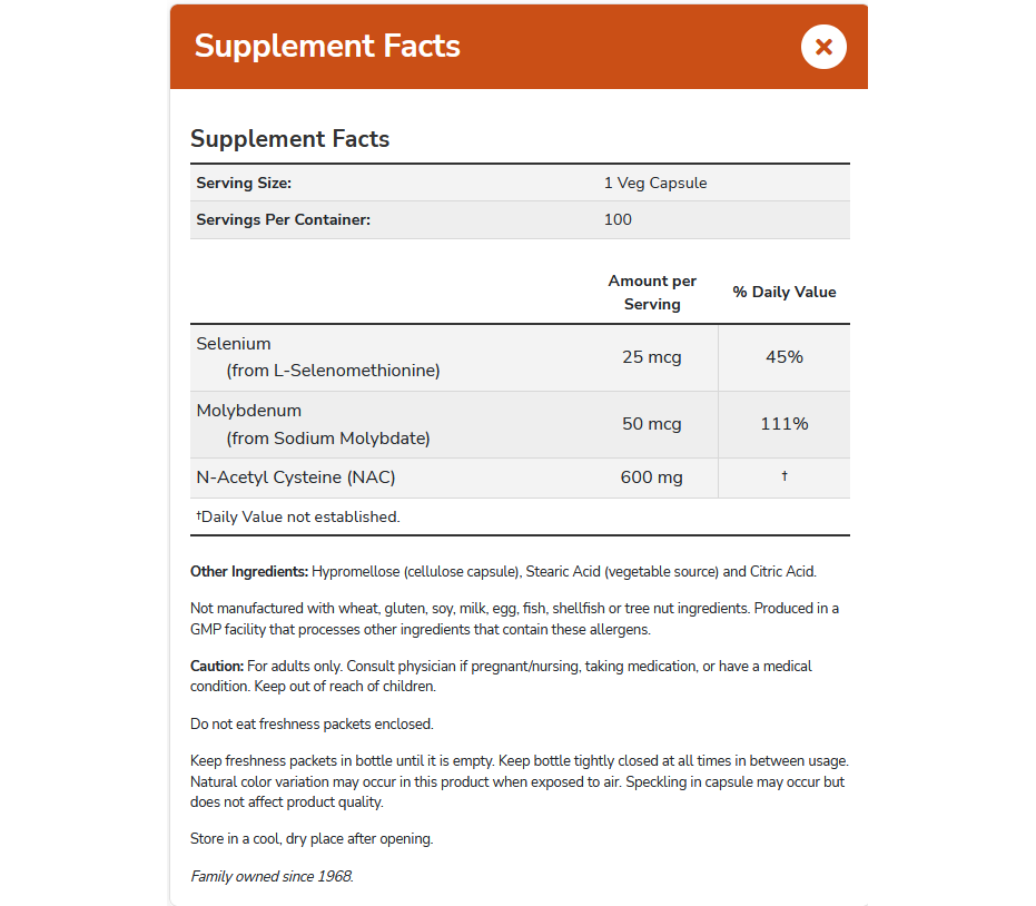 NAC 600mg 100 capsules trial-size - N-acetyl-cysteine with selenium and ...